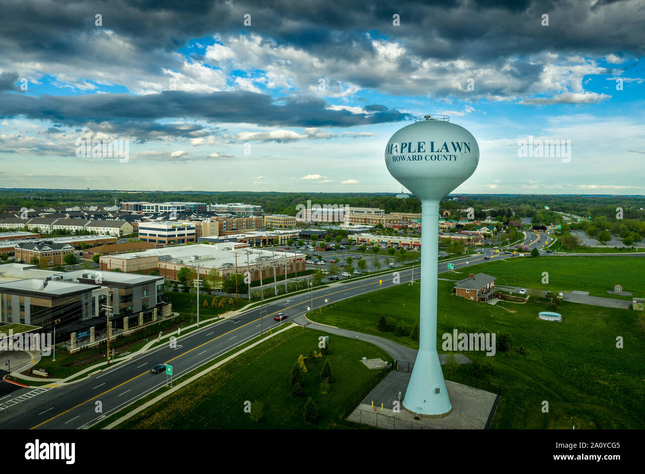 Aerial view of typical American new construction neighborhood street in ...