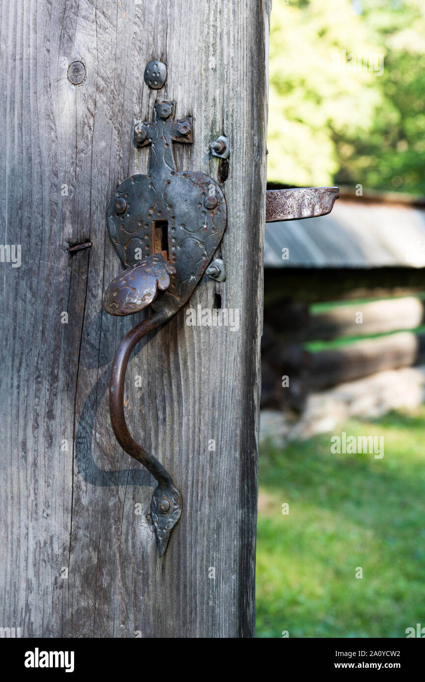 Old gate lock at the Greek Catholic church from 1801 from Ropki in open ...
