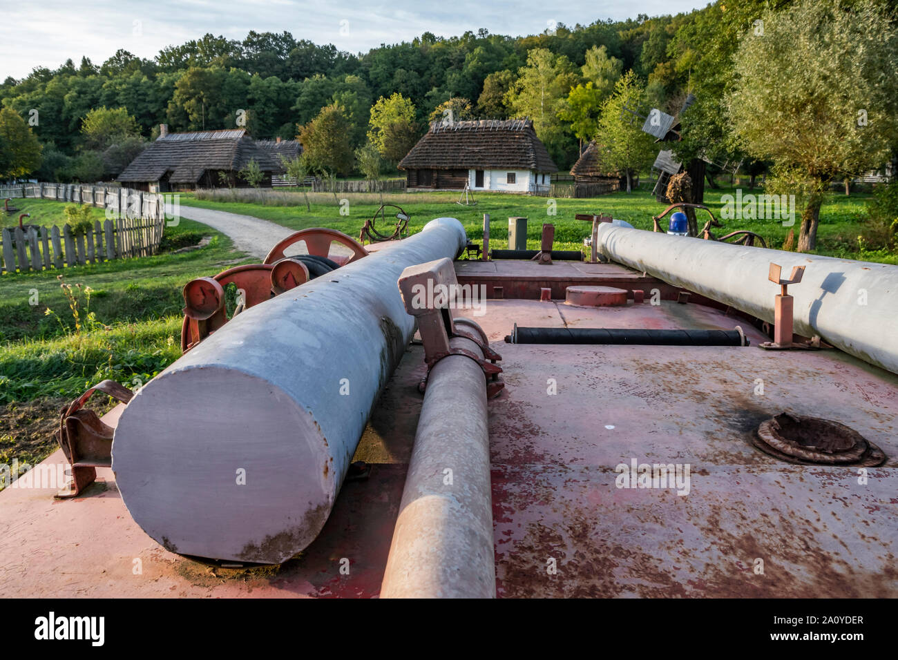 Old fire truck roof Star A26P and wooden houses in open air museum in ...