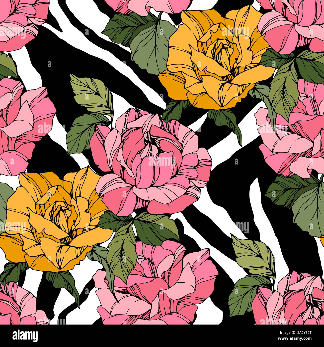 Vector Exotic Zebra print with floral botanical flowers. Black and ...