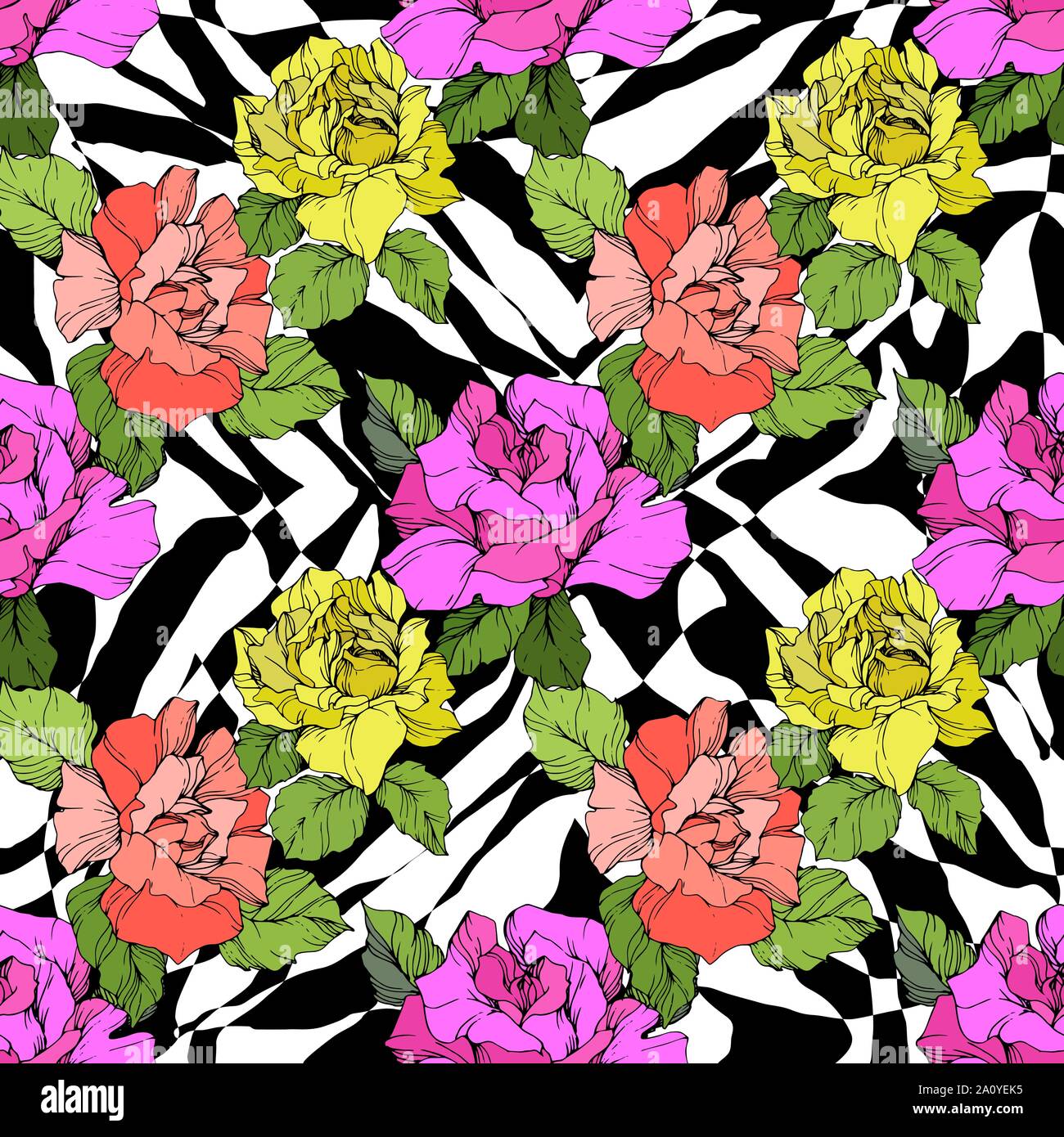 Vector Exotic Zebra print with floral botanical flowers. Black and ...