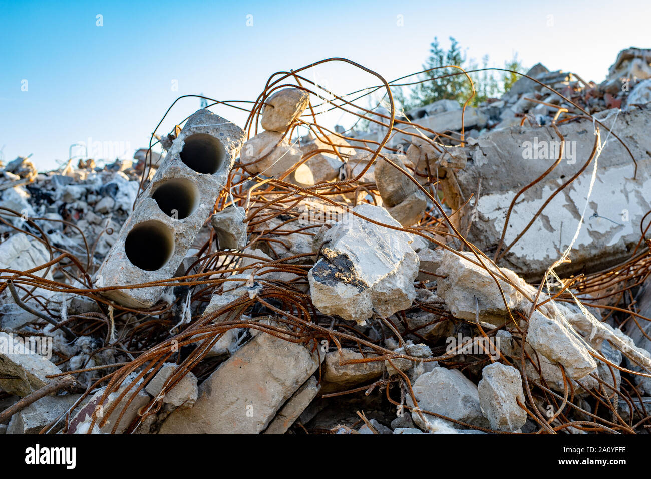 Pile of debris at the demolition of commercial buildings in the city ...