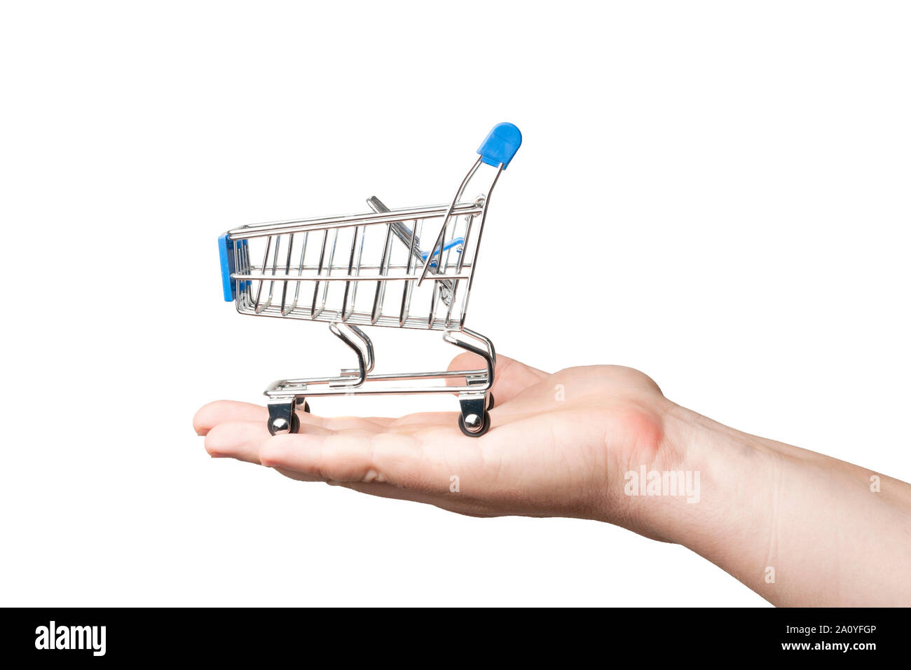 Man hold a shopping cart on the hand, white background Stock Photo - Alamy
