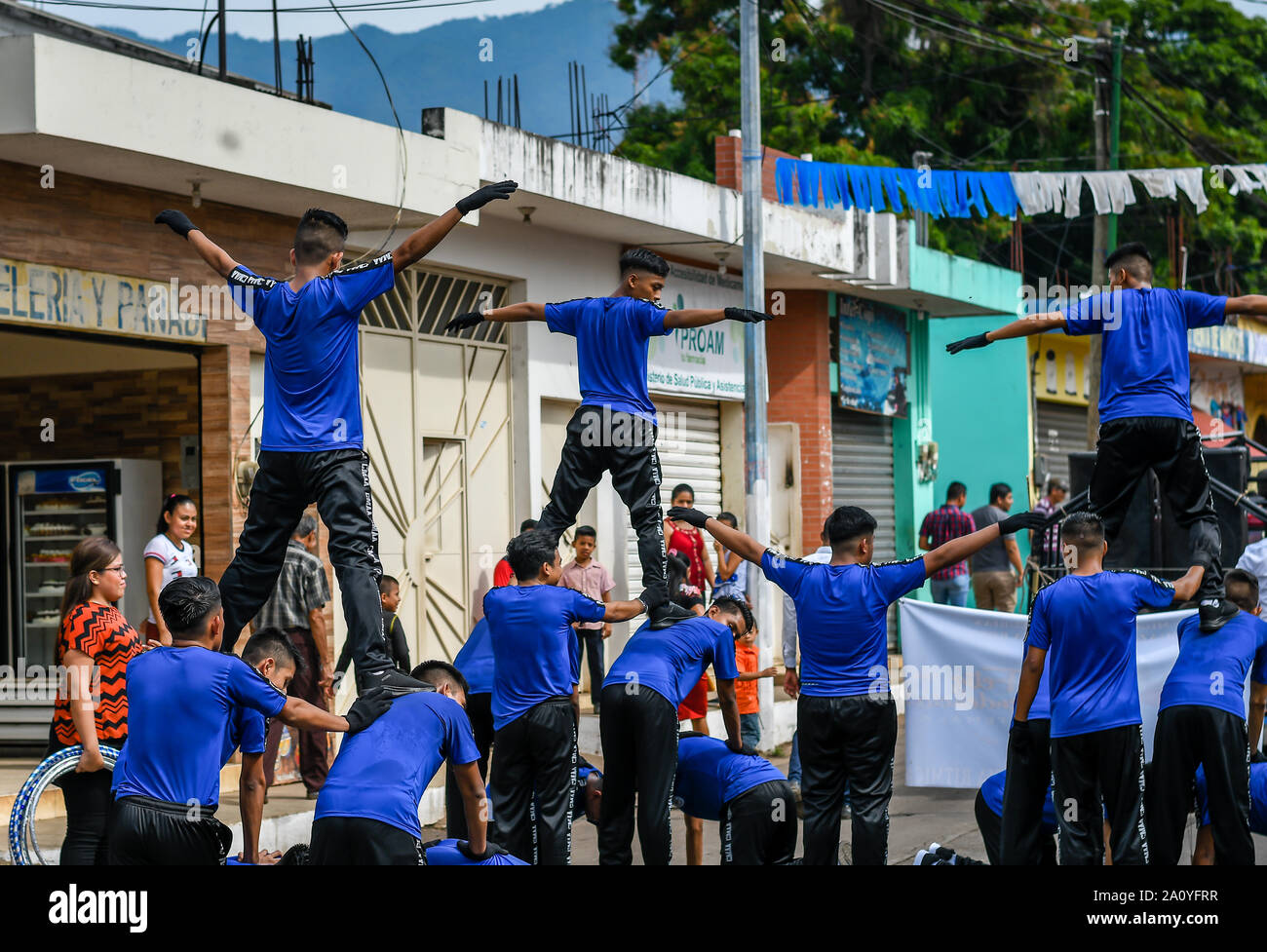 Hispanic cheerleaders in latin parade in Santa Rosa Guatemala Stock ...