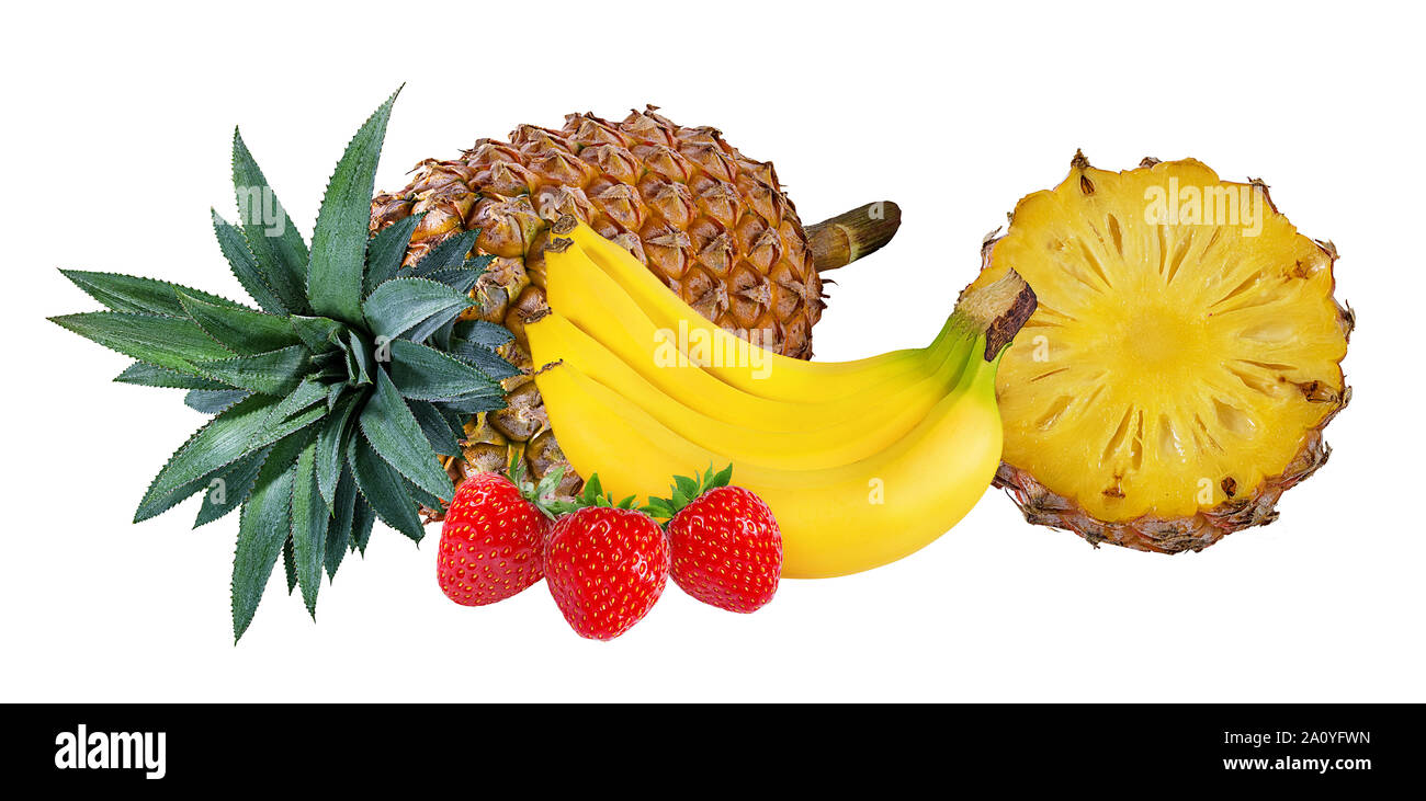 Pineapple, banana, kiwi and mango isolated on white background with ...