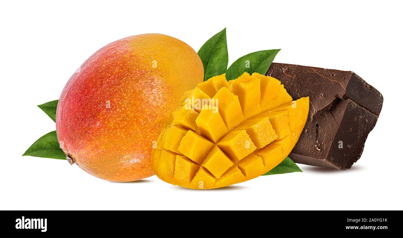 Mango and chocolate isolated on white background Stock Photo - Alamy