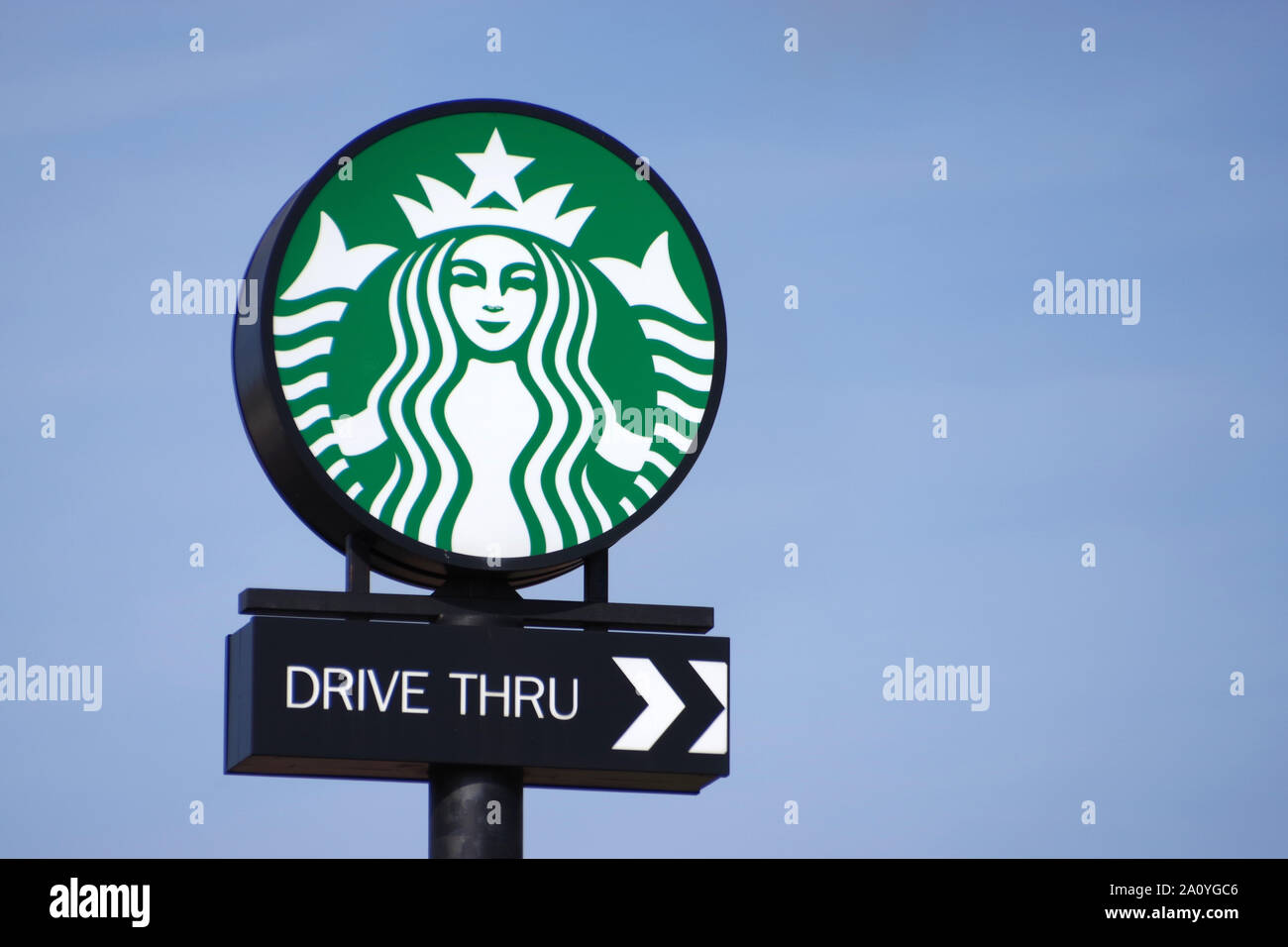 Sign for Starbucks, an American coffee company, drive thru coffee Stock ...