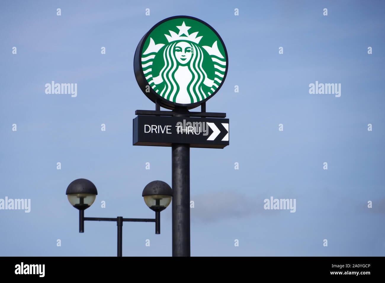 Sign for Starbucks, an American coffee company, drive thru coffee Stock ...