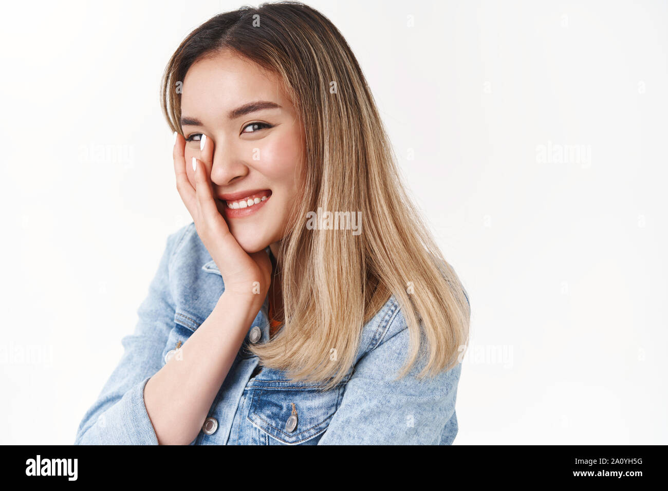 Tenderness, sincere emotions wellbeing concept. Silly feminine asian ...