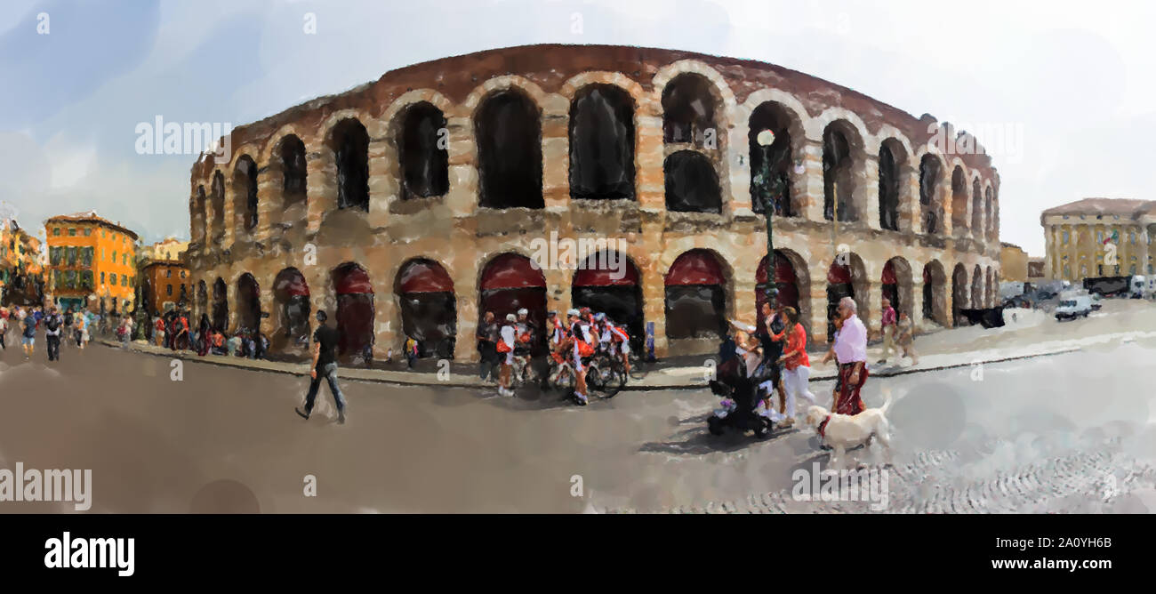 Verona amphitheatre. Roman Arena in Verona, Italy - Watercolor style ...