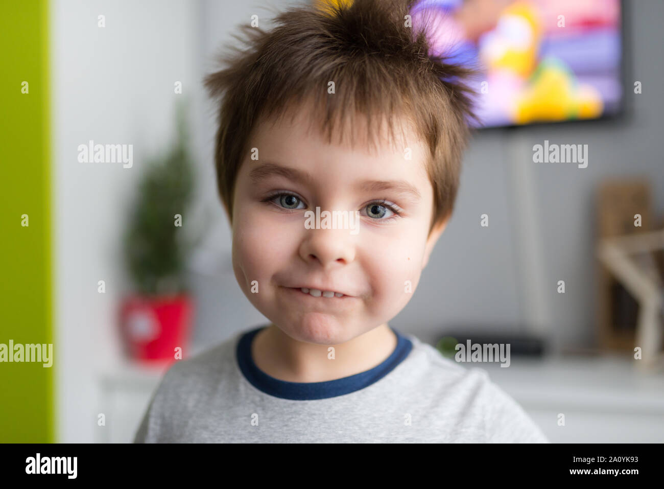 Portrait of a smiling, pretty boy of several years in the children room ...
