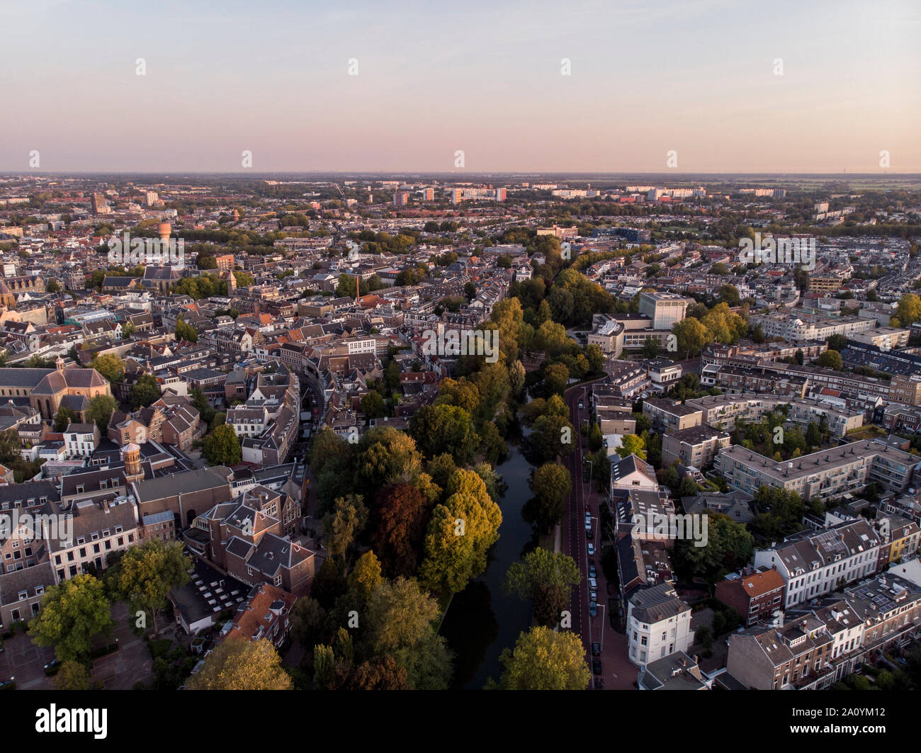 Aerial view of the medieval Dutch city centre of Utrecht with cathedral ...