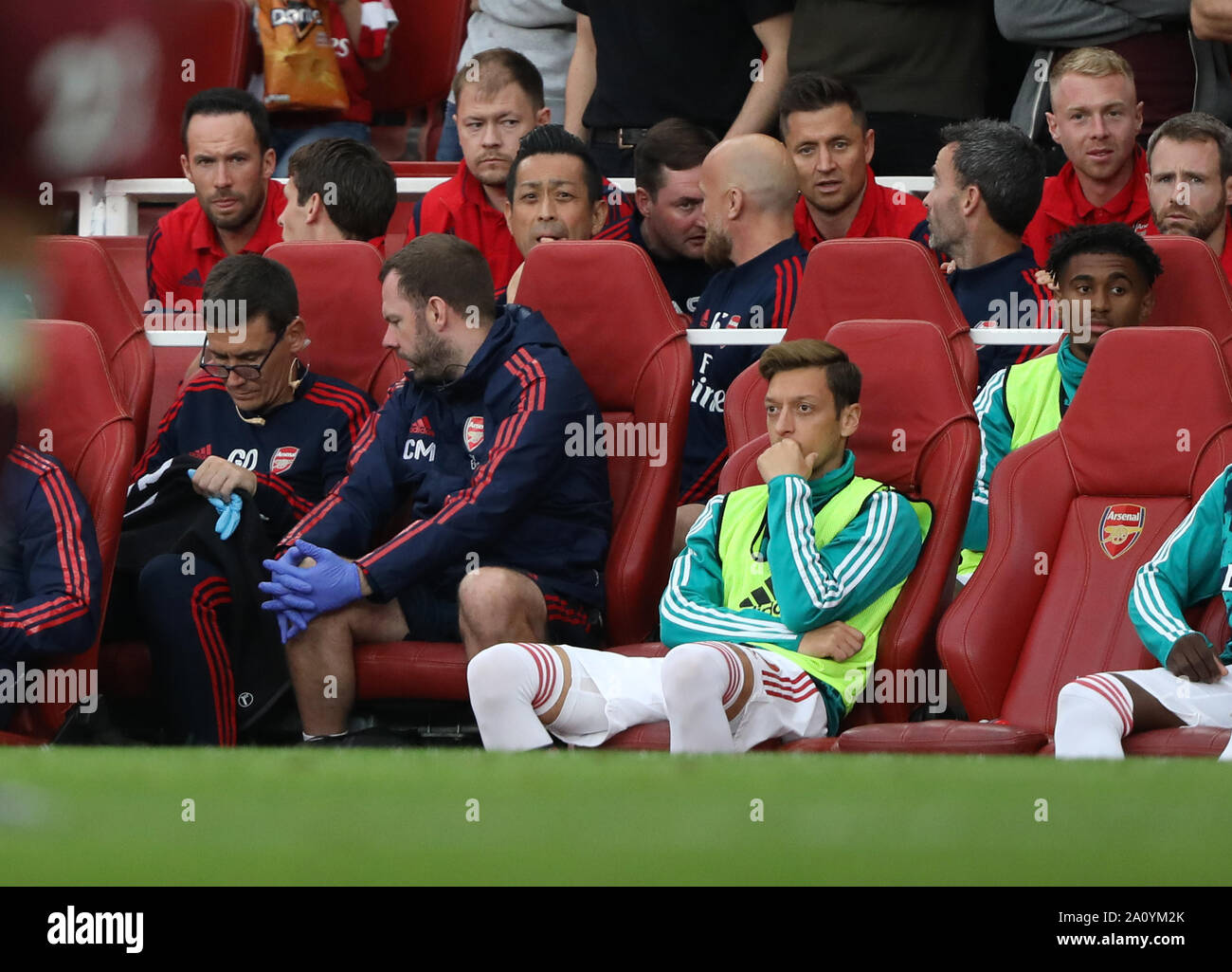 London, UK. 22nd Sep, 2019. Mesut Ozil (A) on the bench at the Arsenal ...