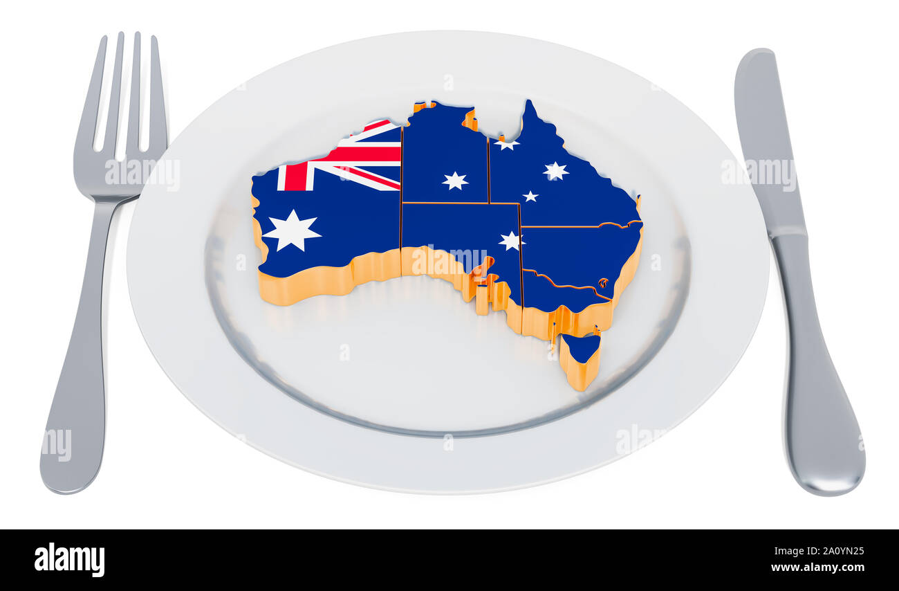 Australian cuisine concept. Plate with map of Australia. 3D rendering ...