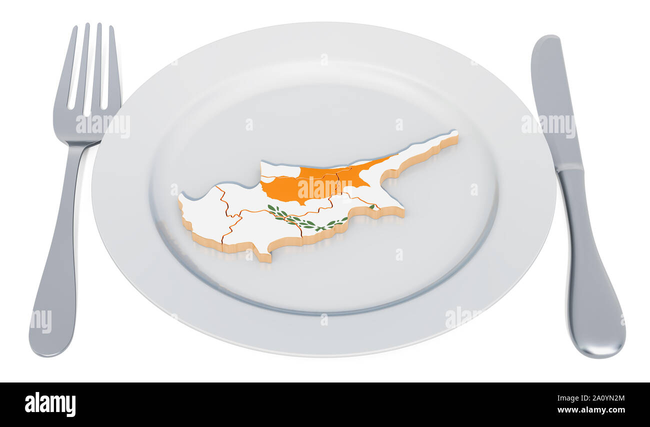 Cyprus cuisine concept. Plate with map of Cyprus. 3D rendering Stock ...
