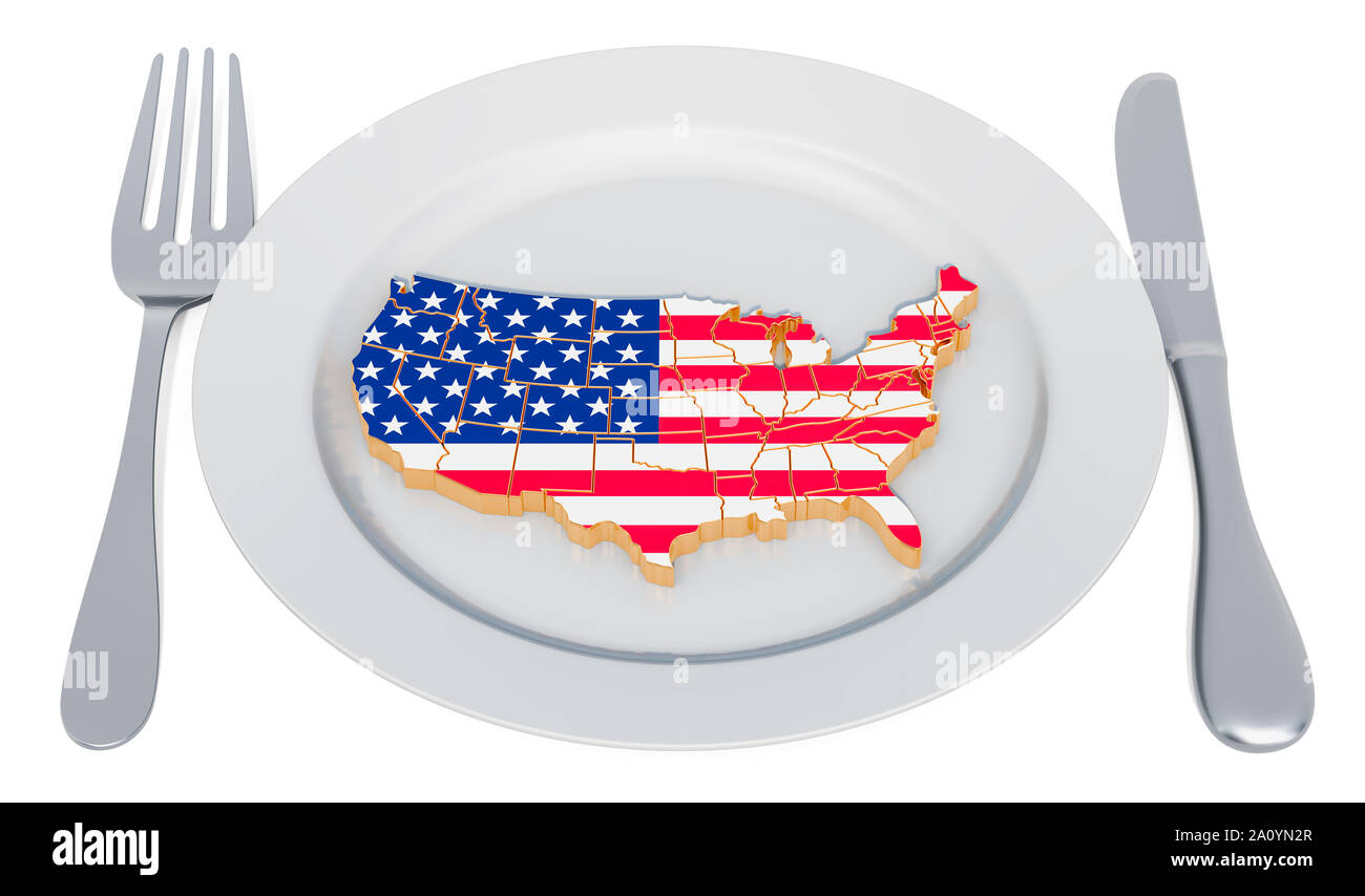 American cuisine concept. Plate with map of the USA. 3D rendering Stock ...