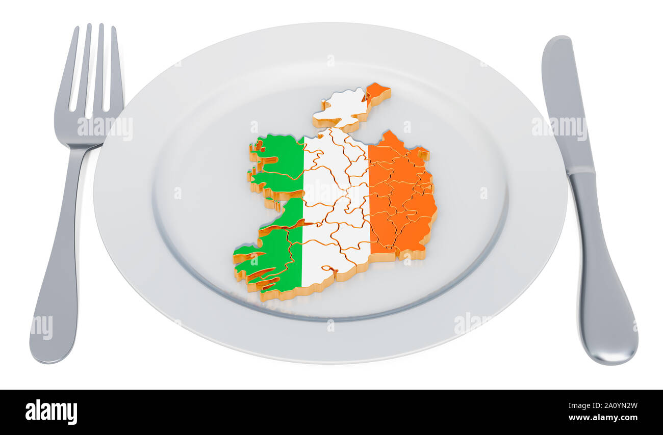 Irish cuisine concept. Plate with map of Ireland. 3D rendering Stock ...