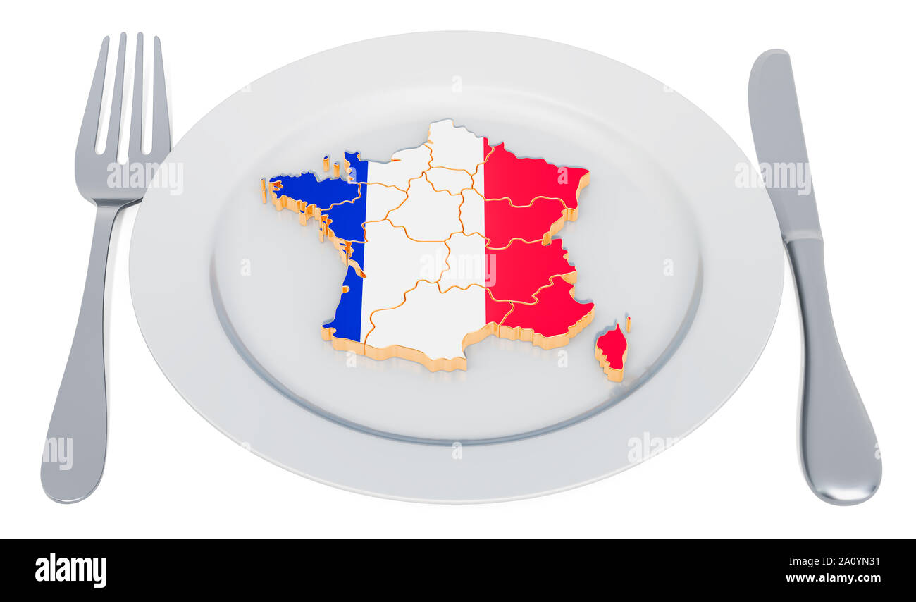French cuisine concept. Plate with map of France. 3D rendering Stock ...