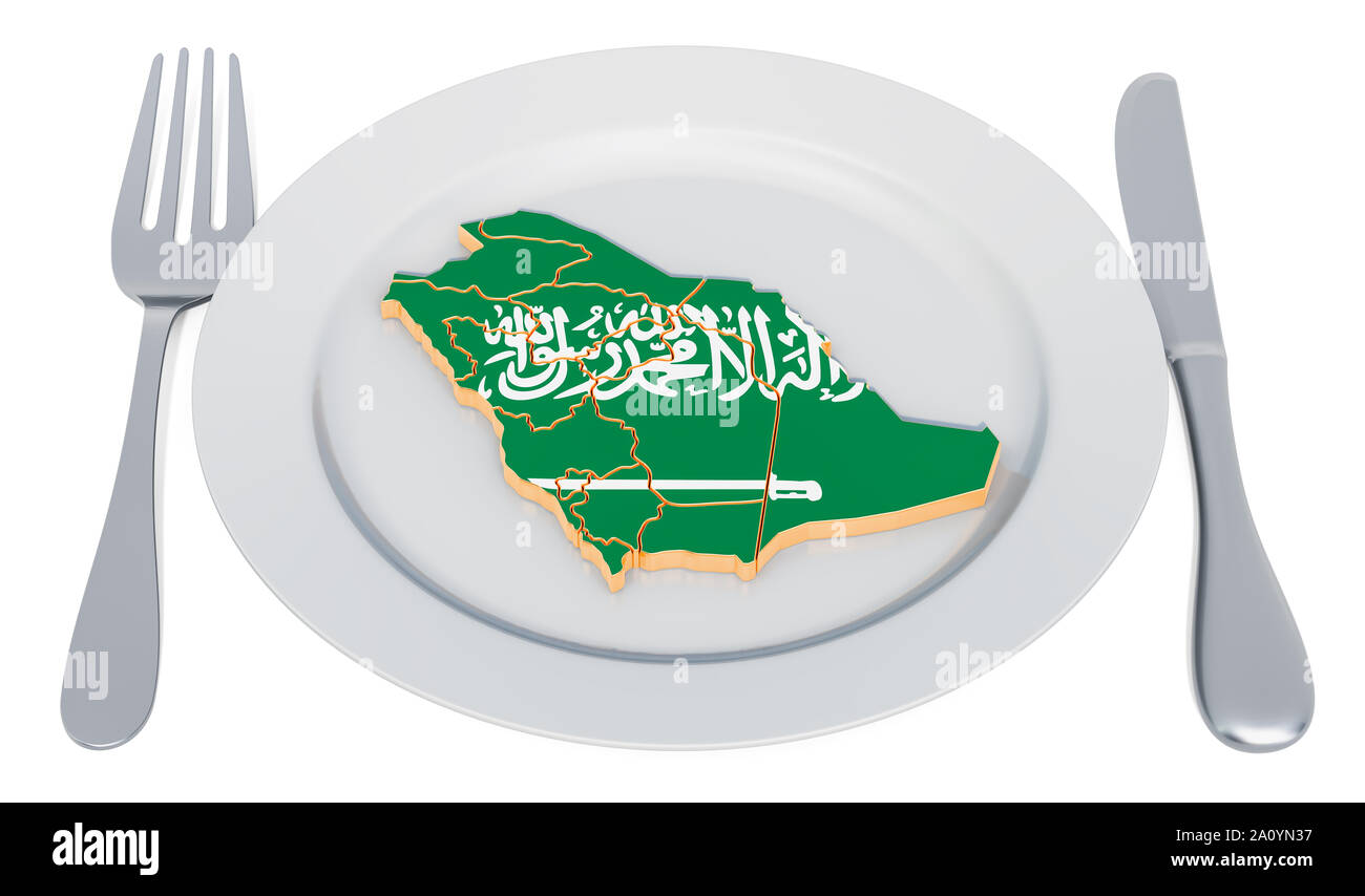 Saudi Arabia cuisine concept. Plate with map of Saudi Arabia. 3D ...