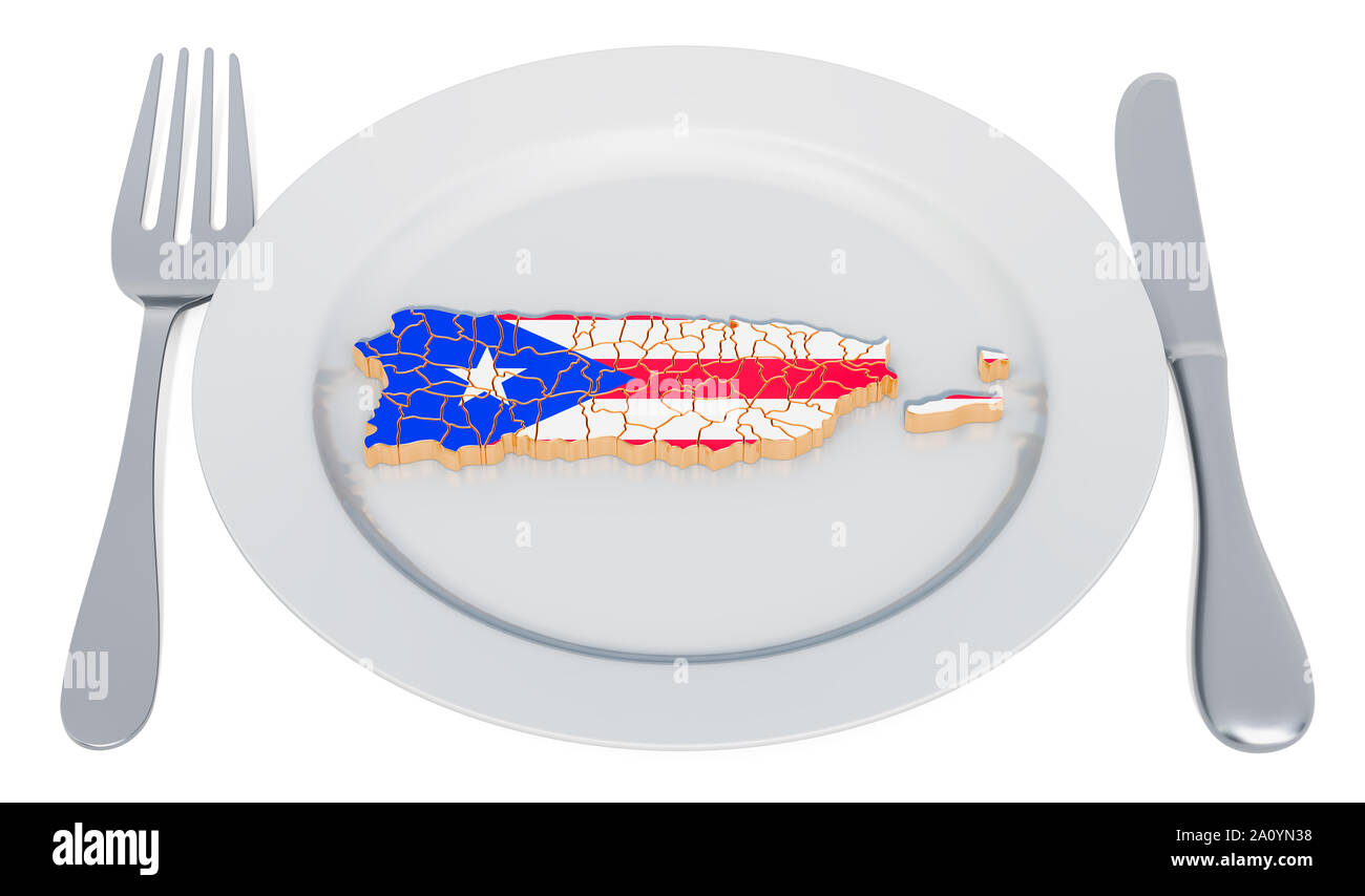 Puerto Rico cuisine concept. Plate with map of Puerto Rico. 3D ...