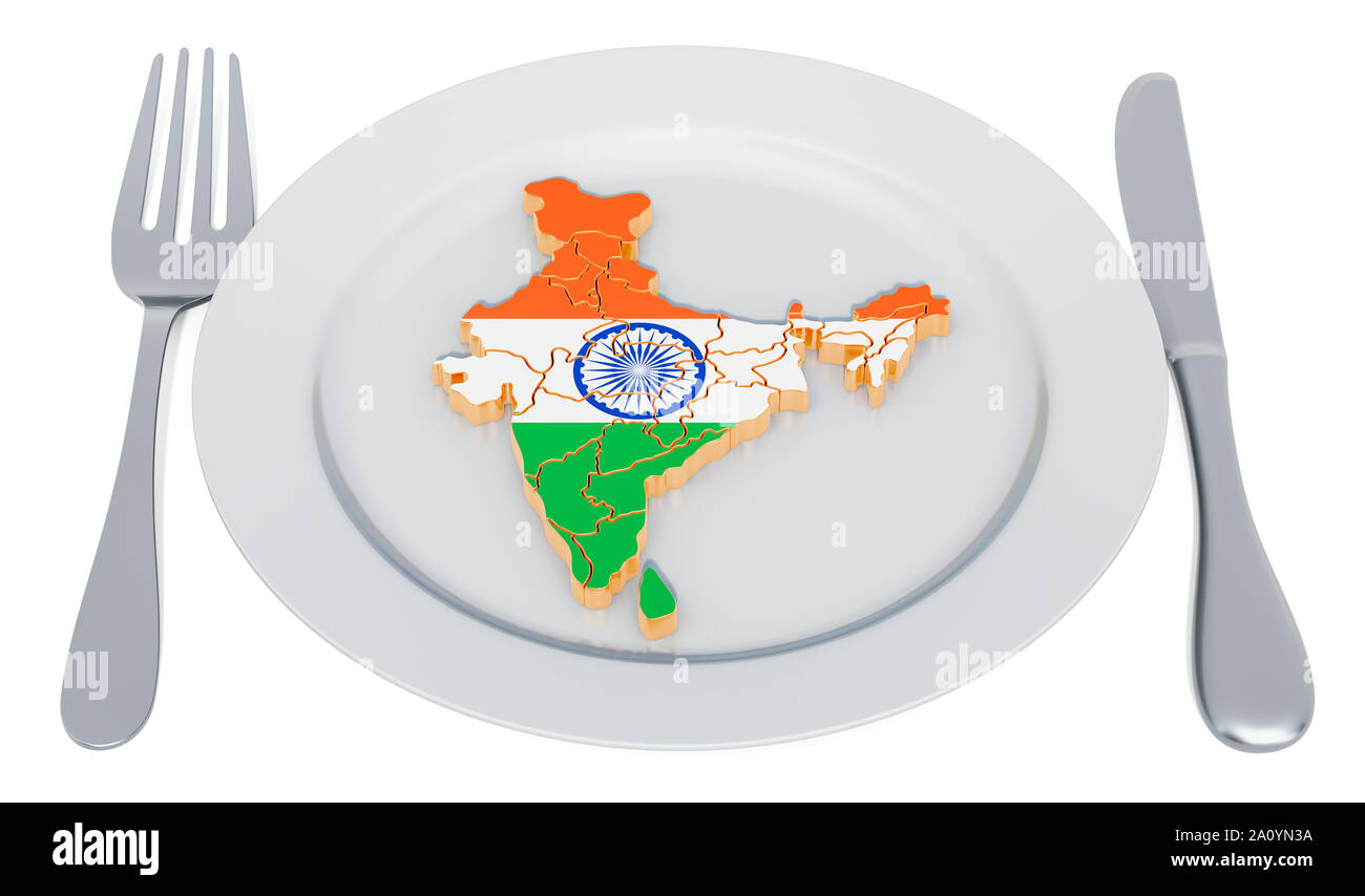 Indian cuisine concept. Plate with map of India. 3D rendering Stock ...