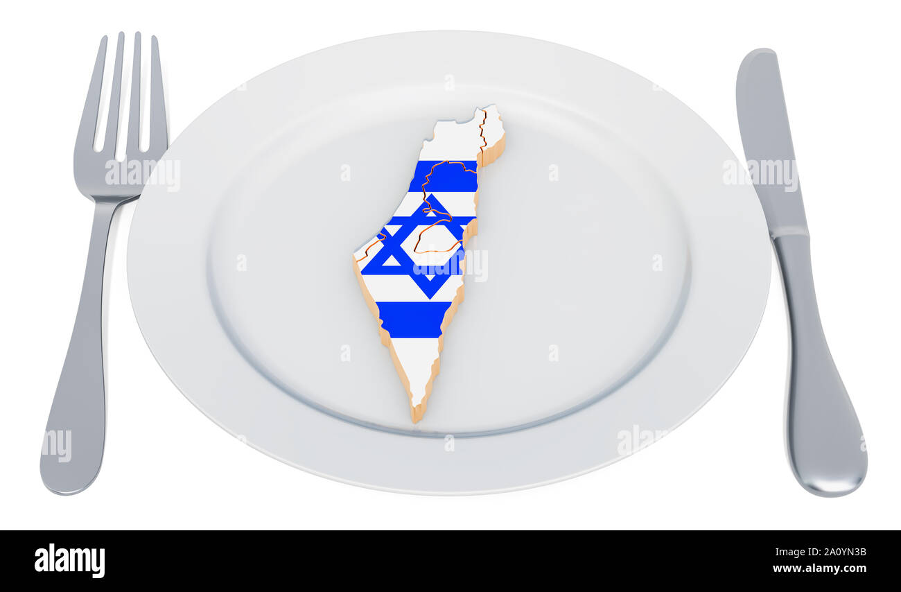 Israeli cuisine concept. Plate with map of Israel. 3D rendering Stock ...