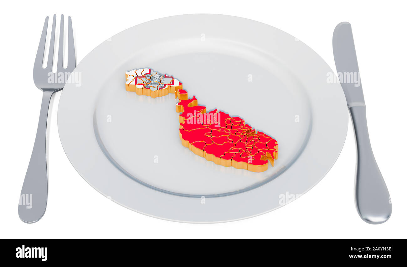 Malta cuisine concept. Plate with map of Malta. 3D rendering Stock ...