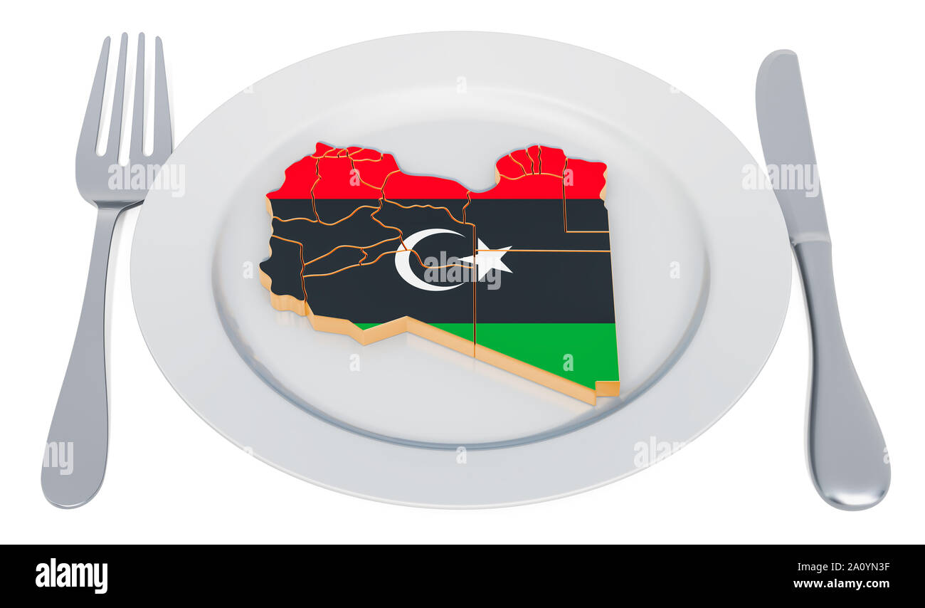 Libyan cuisine concept. Plate with map of Libya. 3D rendering Stock ...