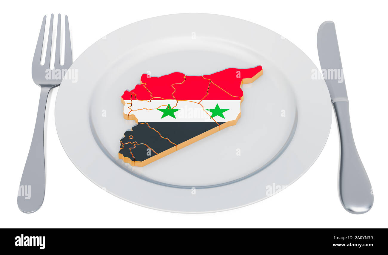 Syrian cuisine concept. Plate with map of Syria. 3D rendering Stock ...