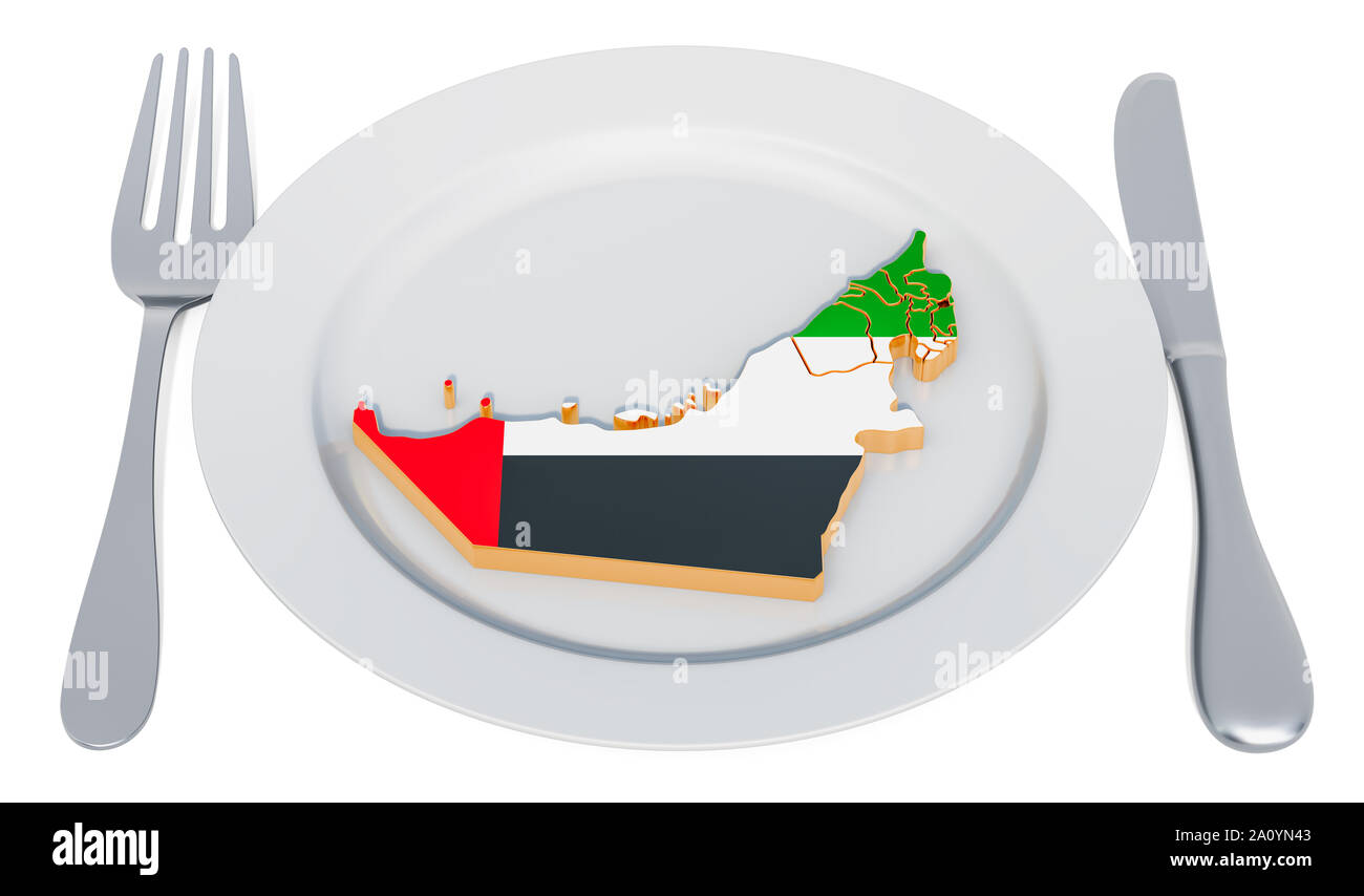 UAE cuisine concept. Plate with map of the UAE. 3D rendering Stock ...