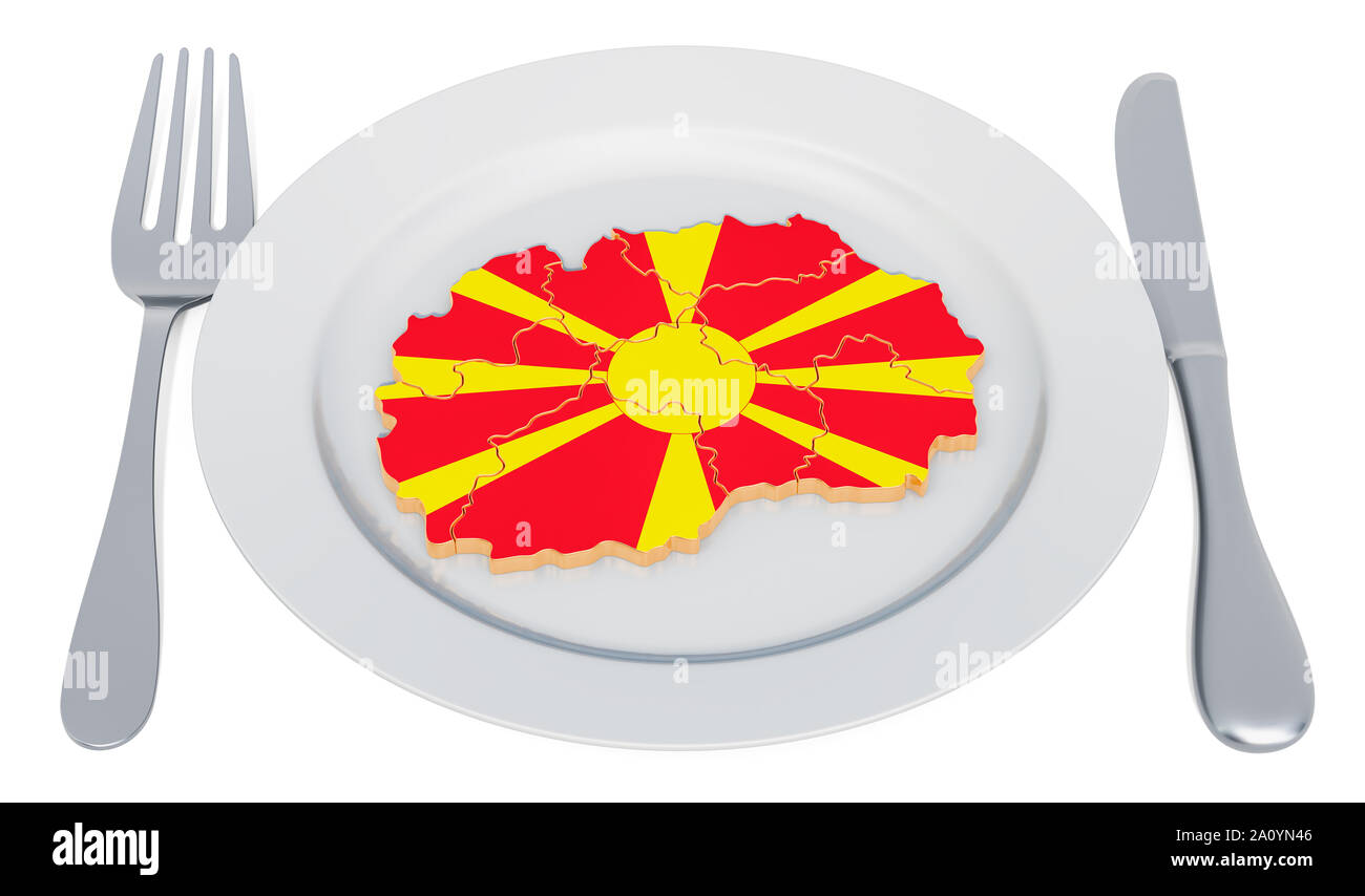 Macedonian cuisine concept. Plate with map of Macedonia. 3D rendering ...