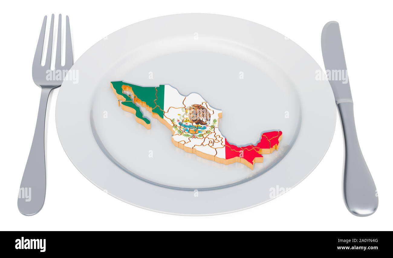 Mexican cuisine concept. Plate with map of Mexico. 3D rendering Stock ...