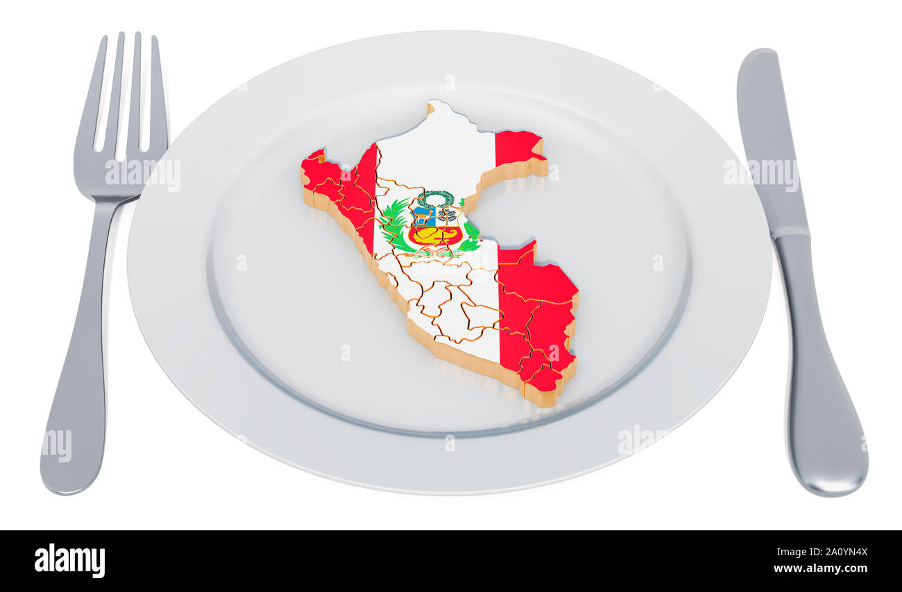 Peruvian cuisine concept. Plate with map of Peru. 3D rendering Stock ...