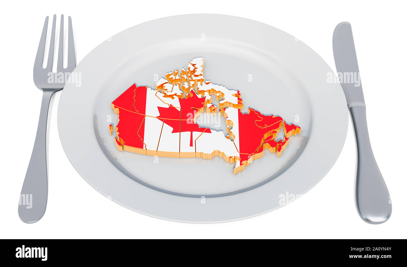 Canadian cuisine concept. Plate with map of Canada. 3D rendering Stock ...