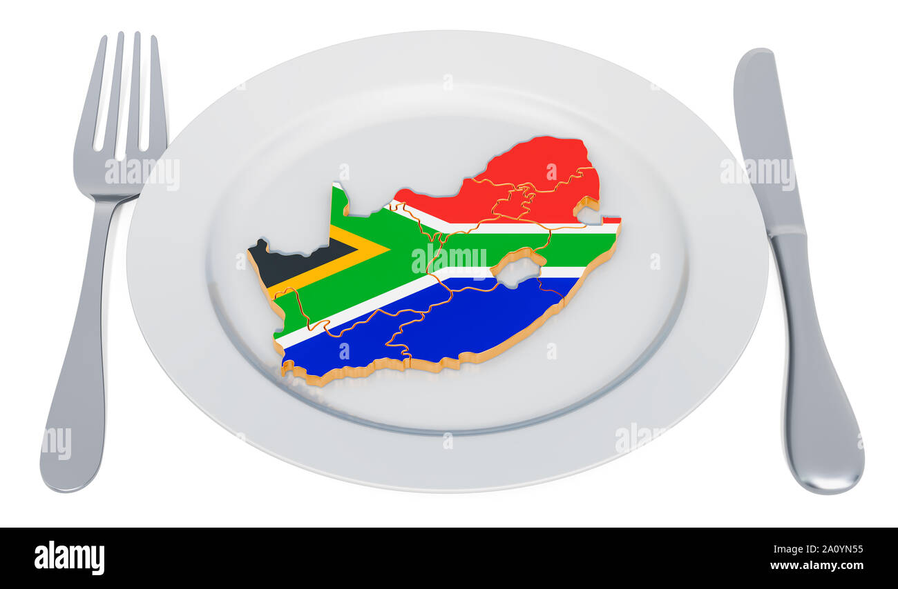 South Africa cuisine concept. Plate with map of South Africa. 3D ...