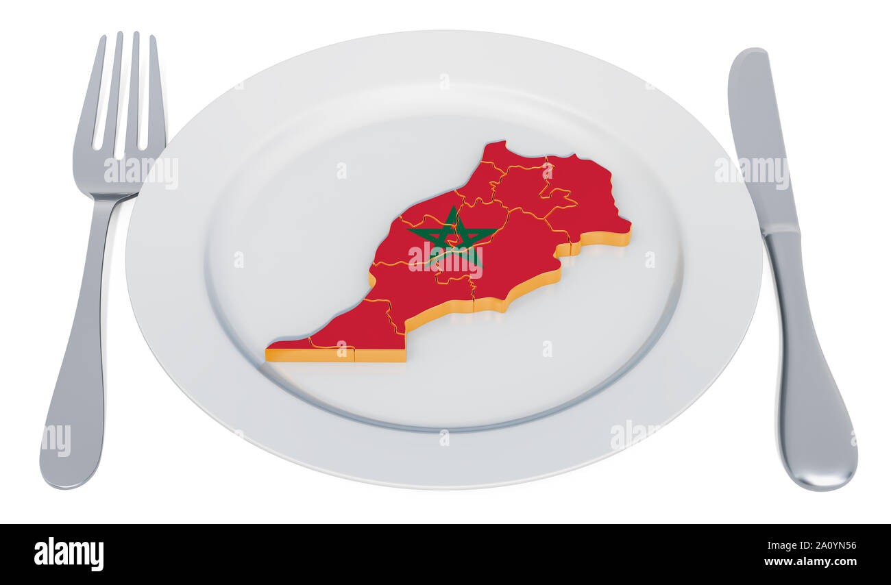 Moroccan cuisine concept. Plate with map of Morocco. 3D rendering Stock ...