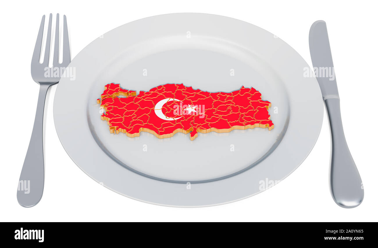 Turkish cuisine concept. Plate with map of Turkey. 3D rendering Stock ...