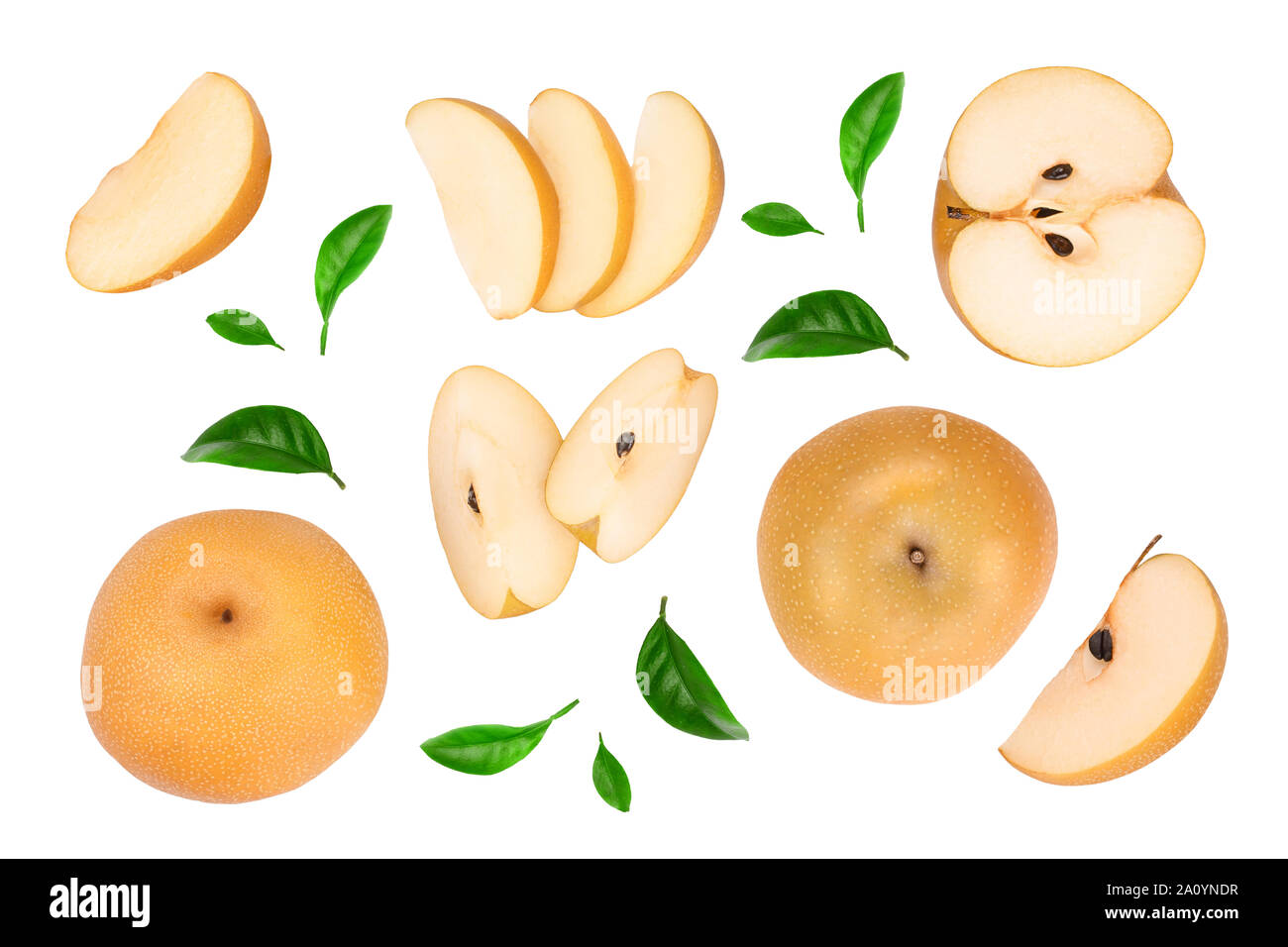 Fresh asian pear with leaves isolated on white background. Top view ...