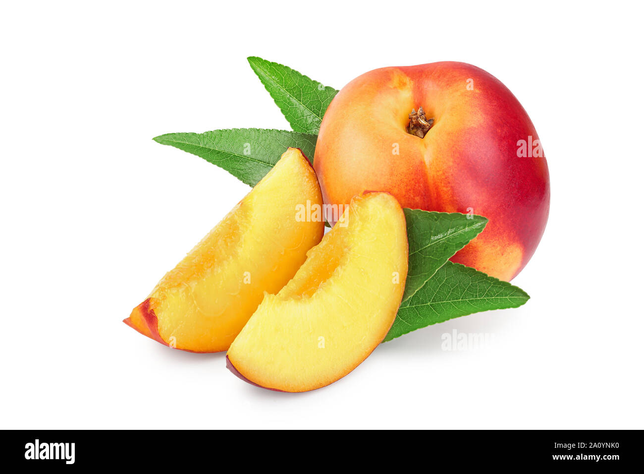 Nectarine fruit and half with leaf isolated on white background cutout ...