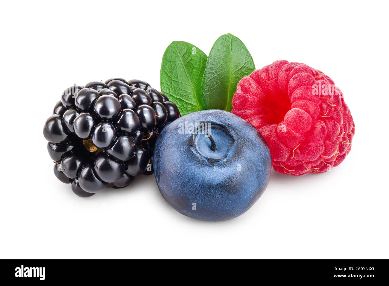 mix of blackberry blueberry raspberry with leaf isolated on white ...