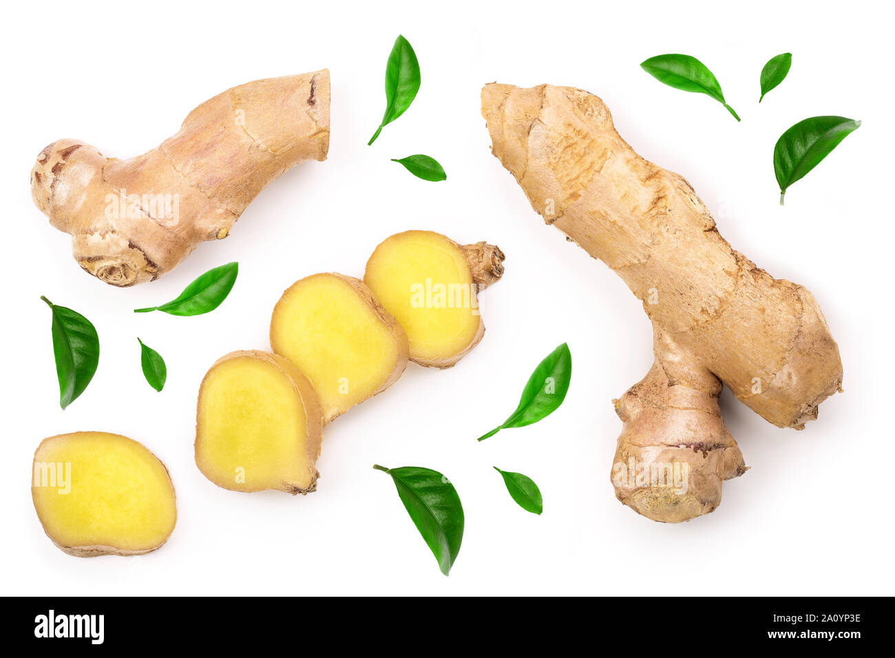 fresh Ginger root and slice isolated on white background. Top view ...