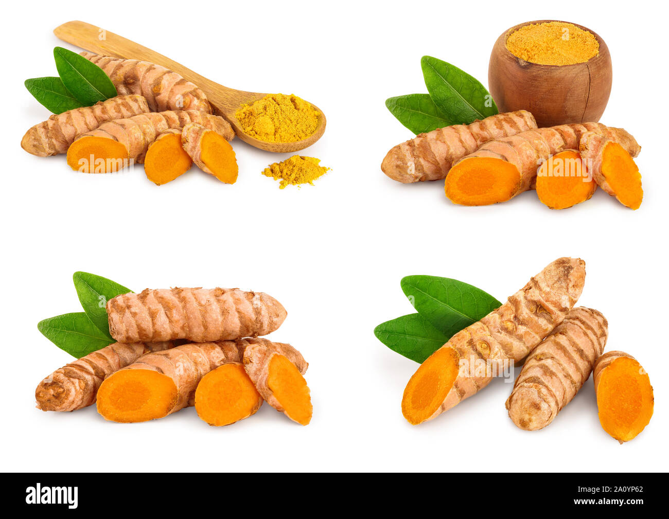 Set or collection turmeric powder and turmeric root isolated on white ...