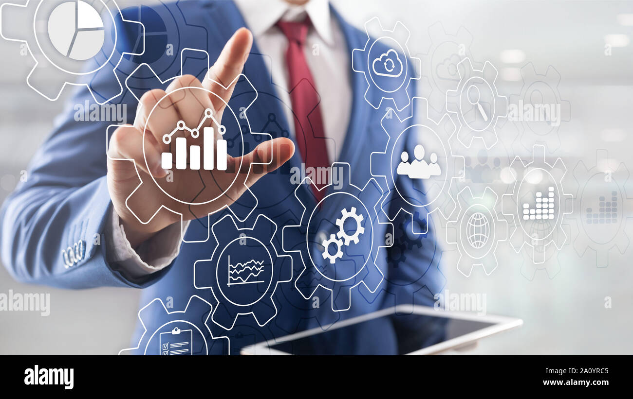 Business process abstract diagram with gears and icons. Workflow and ...