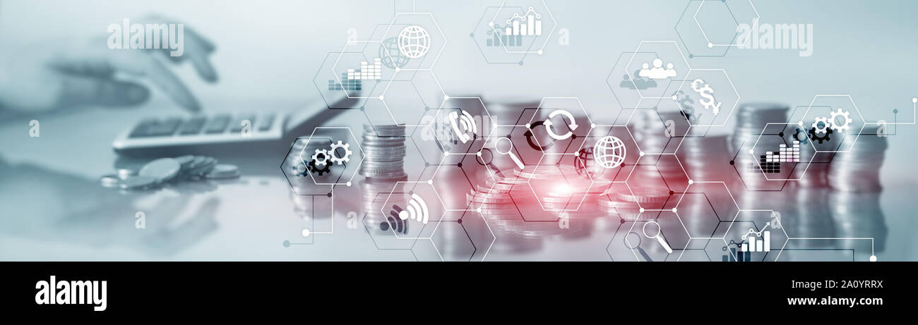 Diagrams and icons on hologram screen. Mixed Media Website Business ...