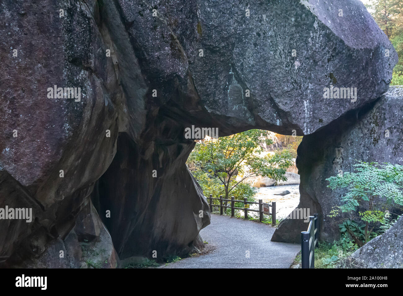 Ishimon, a natural granite arched stone door at Mitake Shosenkyo Gorge ...