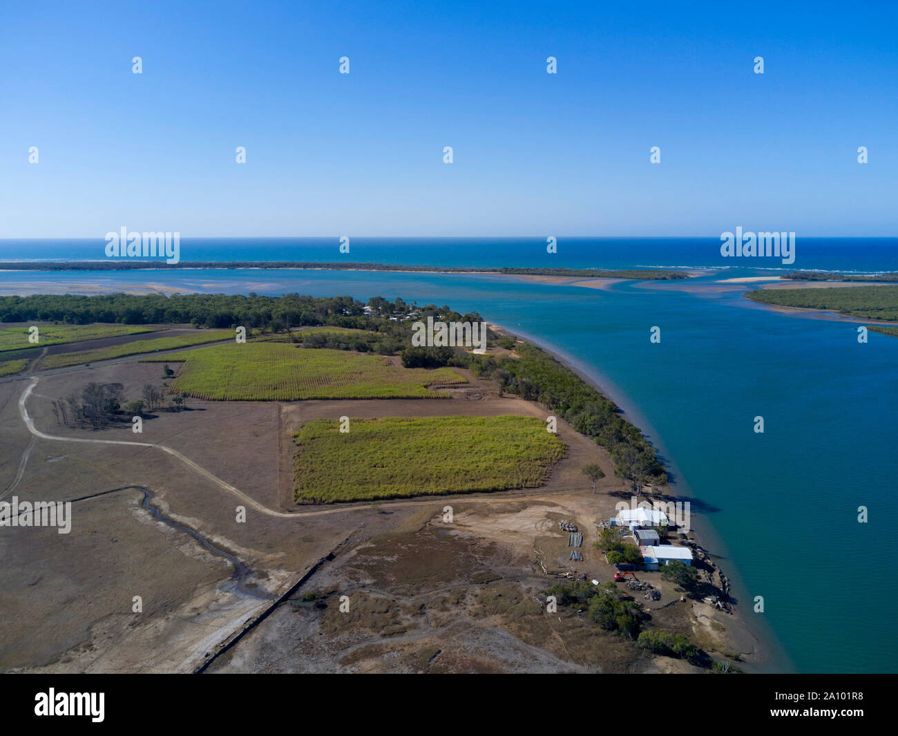 Aerial of low-grade sugarcane crop growing at Miara on the banks of the ...