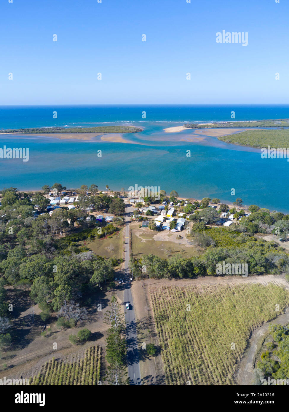 Aerial of the Miara caravan park on the banks of the Yandaran Creek ...