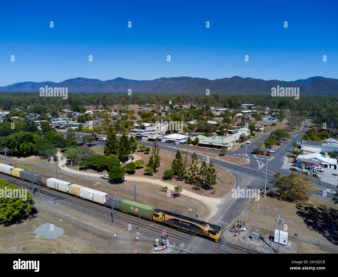 Aerial of container freight train as it passes through Bororen ...