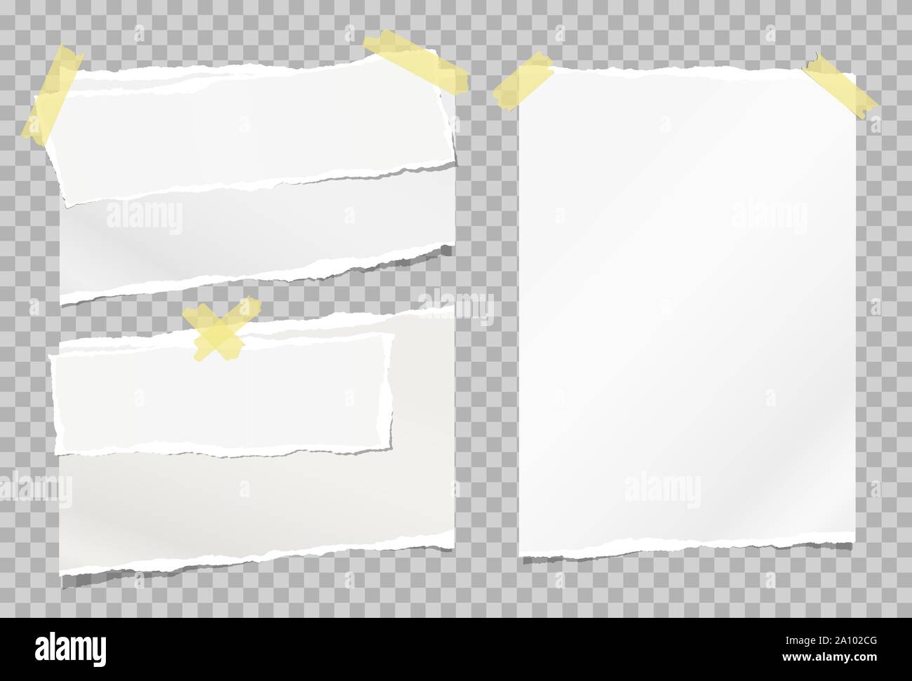 Torn white note, notebook paper strips stuck with sticky tape on grey ...