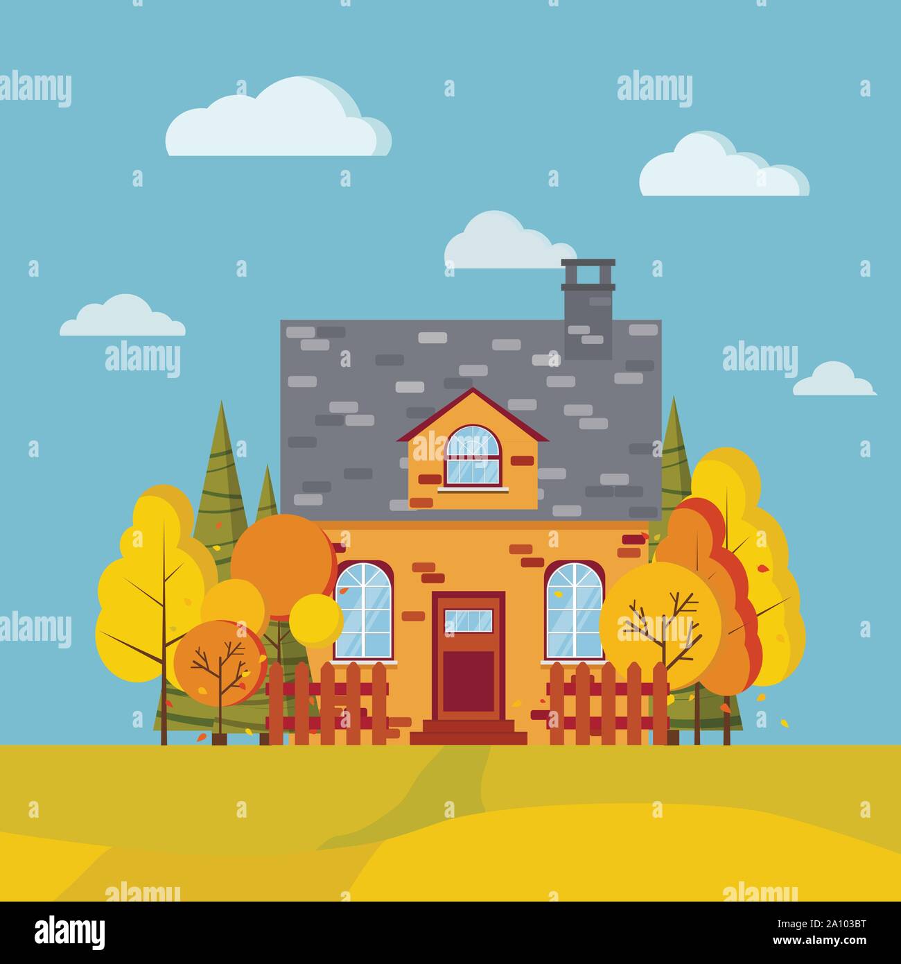 Autumn landscape background with trees, spruces, fields, fences, rural ...